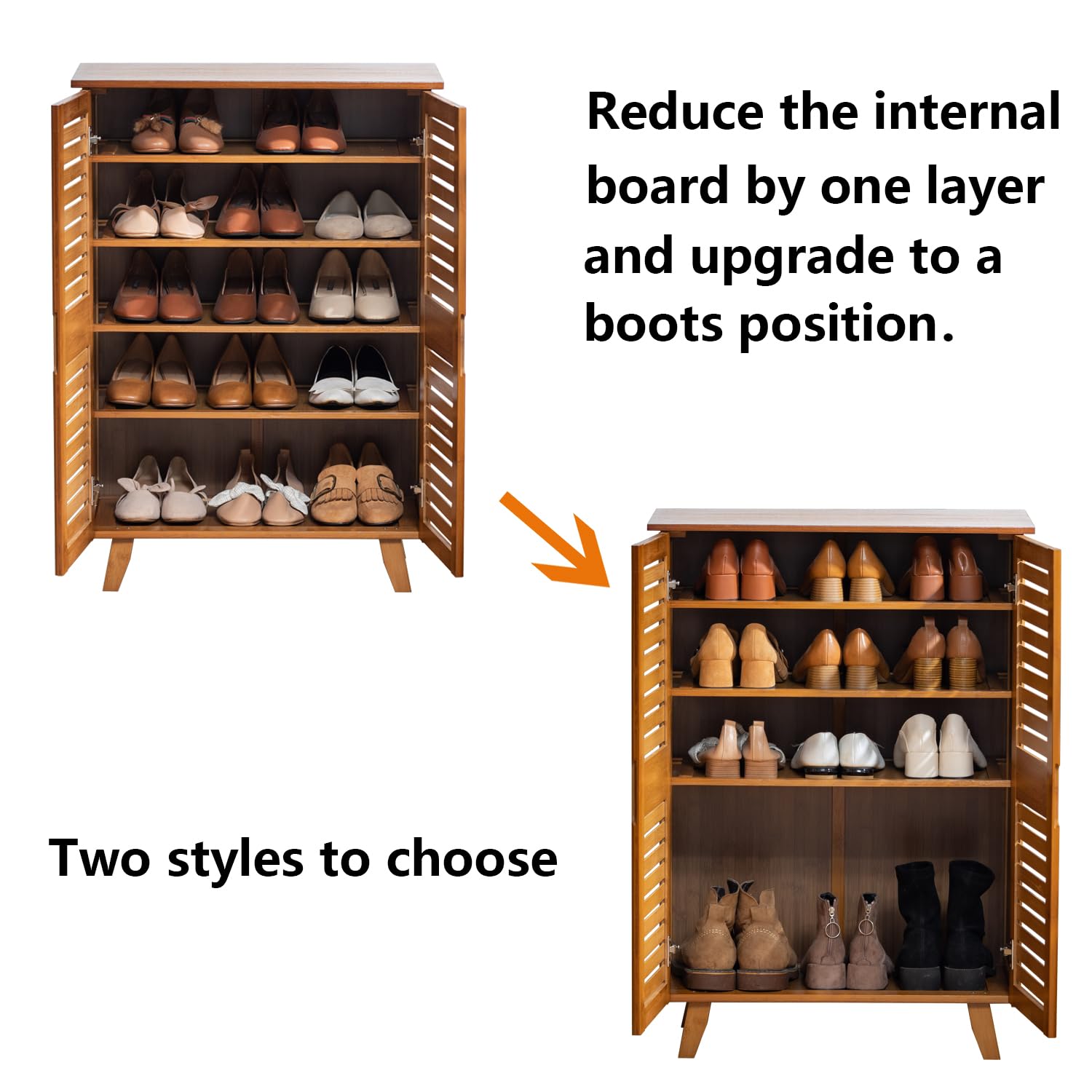 Shoe Storage Cabinet, 4 Tier 5 tier Bamboo Shoe Organizer with Doors, Shoe Cabinet with 2 Doors for Entryway, 4 Tier Shoe Storage Cabinet for Closet, Living Room, Bedroom