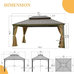 RITSU 12'x16' Gazebo, Outdoor Aluminum Gazebos Grill with Hardtop Galvanized Steel Double Canopy with Bugs Netting, Privacy Curtains for Patios Deck Backyard