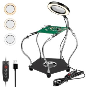 helping hands soldering station, third hand soldering tool with 3x magnifying glass dimmable led, flexible helping hands soldering with 4 flexible for welding repair hobby diy