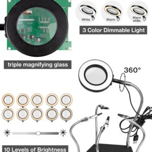 Helping Hands Soldering Station, Third Hand Soldering Tool with 3X Magnifying Glass Dimmable LED, Flexible Helping Hands Soldering with 4 Flexible for Welding Repair Hobby DIY