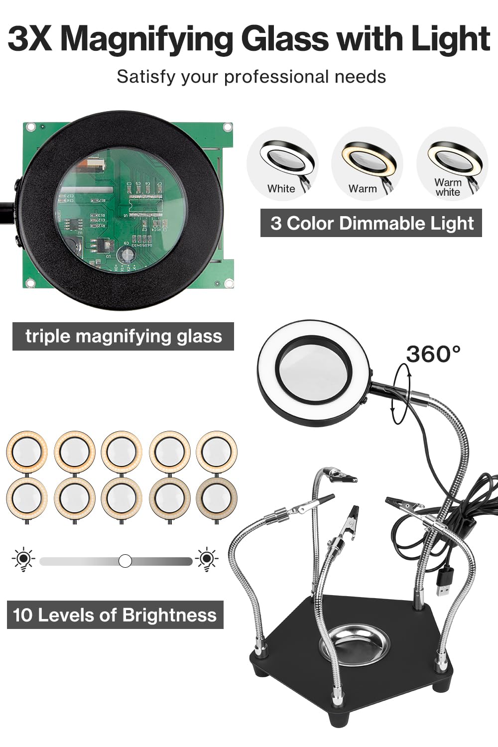 Helping Hands Soldering Station, Third Hand Soldering Tool with 3X Magnifying Glass Dimmable LED, Flexible Helping Hands Soldering with 4 Flexible for Welding Repair Hobby DIY