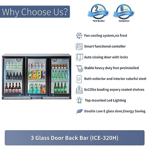 ICECASA Beverage Refrigerators 3 Glass Door Back Bar Refrigerator Commericial Counter Height Refrigerator LED Lighting Merchandiser 11.7Cu.ft for Soda Beer