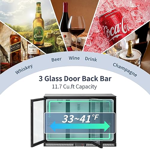 ICECASA Beverage Refrigerators 3 Glass Door Back Bar Refrigerator Commericial Counter Height Refrigerator LED Lighting Merchandiser 11.7Cu.ft for Soda Beer