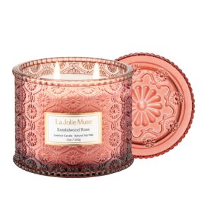 la jolie muse scented candle, sandalwood rose candle, large 2-wick soy candle for aromatherapy, candles gifts, long burning time, candles for home scented, 12oz