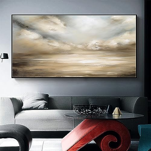 Sky Landscape Abstract Texture Art Oil Painting Light Brown Minimalist Neutral Oil Painting Living Room Home Decor Wall Art,Unstretched,Frameless,(102X203cm)40X80Inches