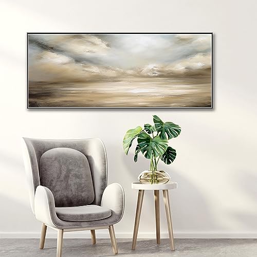 Sky Landscape Abstract Texture Art Oil Painting Light Brown Minimalist Neutral Oil Painting Living Room Home Decor Wall Art,Unstretched,Frameless,(102X203cm)40X80Inches