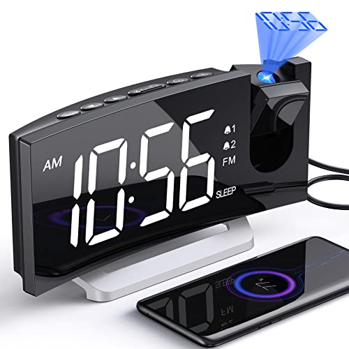 Projection Alarm Clock with FM Radio, USB Charging Port, 0-100% Dimmer, Dual Alarms, HD LED Display, 30 Preset Stations, Sleep Timer, 5 Alarm Sounds, Snooze, Curved Screen, Digital Clock for Bedroom