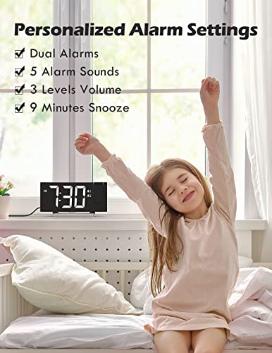 Projection Alarm Clock with FM Radio, USB Charging Port, 0-100% Dimmer, Dual Alarms, HD LED Display, 30 Preset Stations, Sleep Timer, 5 Alarm Sounds, Snooze, Curved Screen, Digital Clock for Bedroom