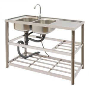 free standing stainless-steel double bowl stainless steel utility sink, commercial restaurant kitchen sink set w/faucet & drainboard, washing hand basin w/workbench & double storage shelves