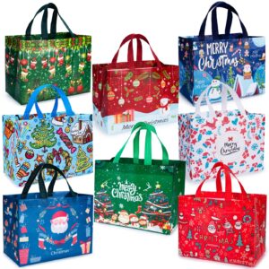 iioscre 8pcs large christmas gift bags with handles, non-woven reusable holiday treat bags for party and new year gifts, 12.8 x 9.8 x 6.7in