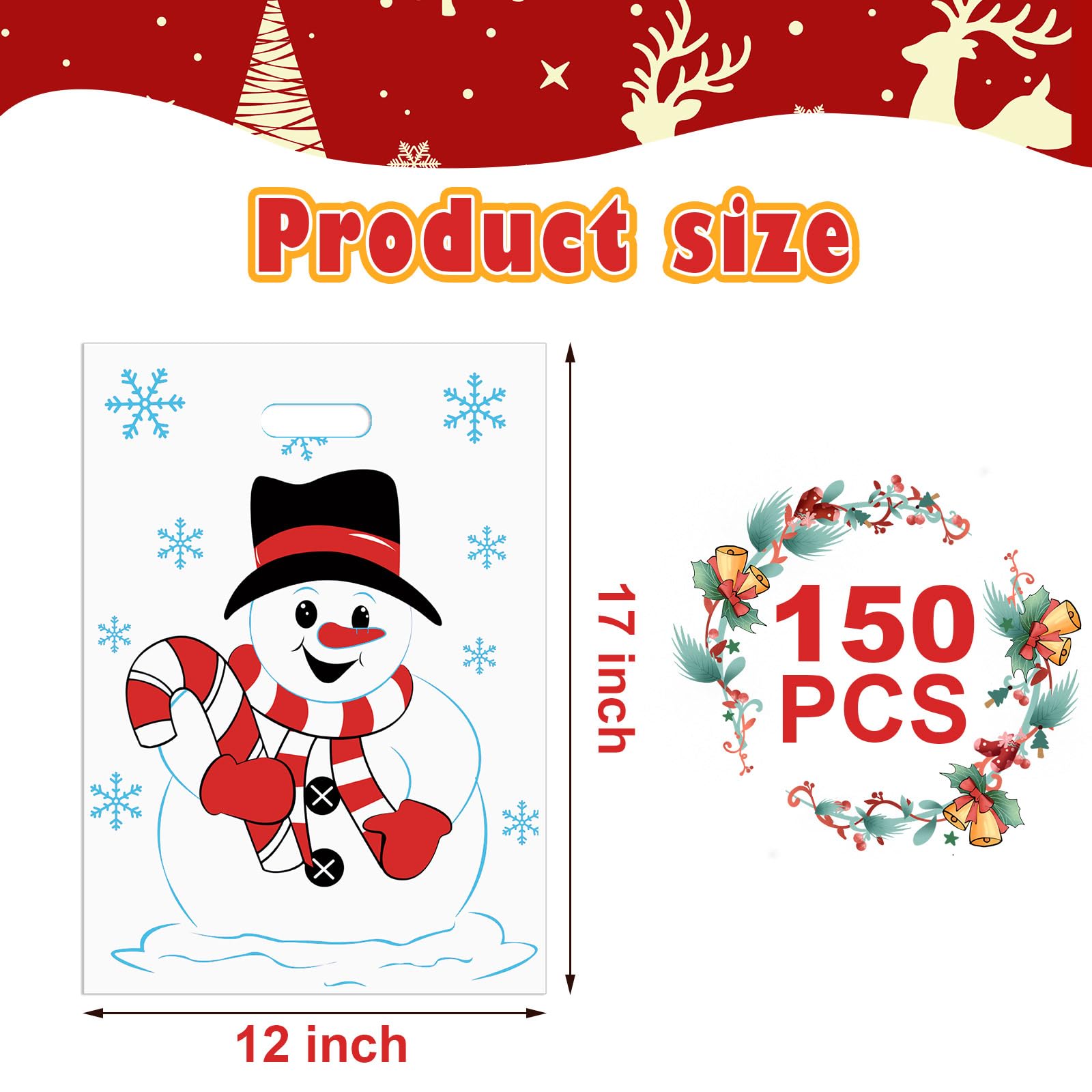 Tenceur 150 Pcs Christmas Jumbo Big Gift Bags 17 x 12 Inch Plastic Christmas Gift Wrapping Bags Large Christmas Bags for Gifts Presents Xmas Holiday Party Favor Goodie Storage (Snowman)