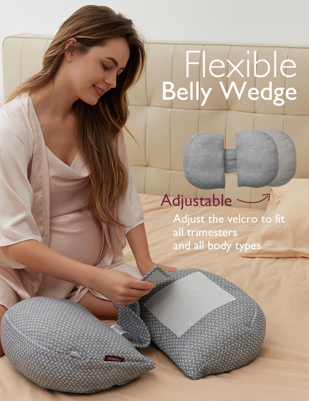 Momcozy Portable Pregnancy Pillow for Sleeping, W Shaped Maternity Pillow for Side Sleeper, Support for Back, Belly, Hips for Pregnant Women, Adjustable Travel Wedge Pillow, Grey