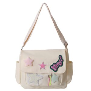 kawaii messenger bag cute crossbody bag kawaii aesthetic shoulder bag for women canvas flap messenger bag with plush stickers cute japanese bag