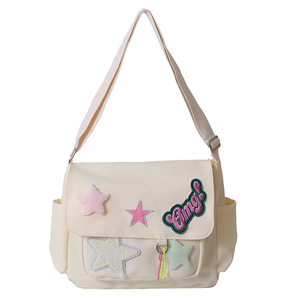 Kawaii Messenger Bag Cute Crossbody Bag Kawaii Aesthetic Shoulder Bag for Women Canvas Flap Messenger Bag with Plush Stickers Cute Japanese Bag