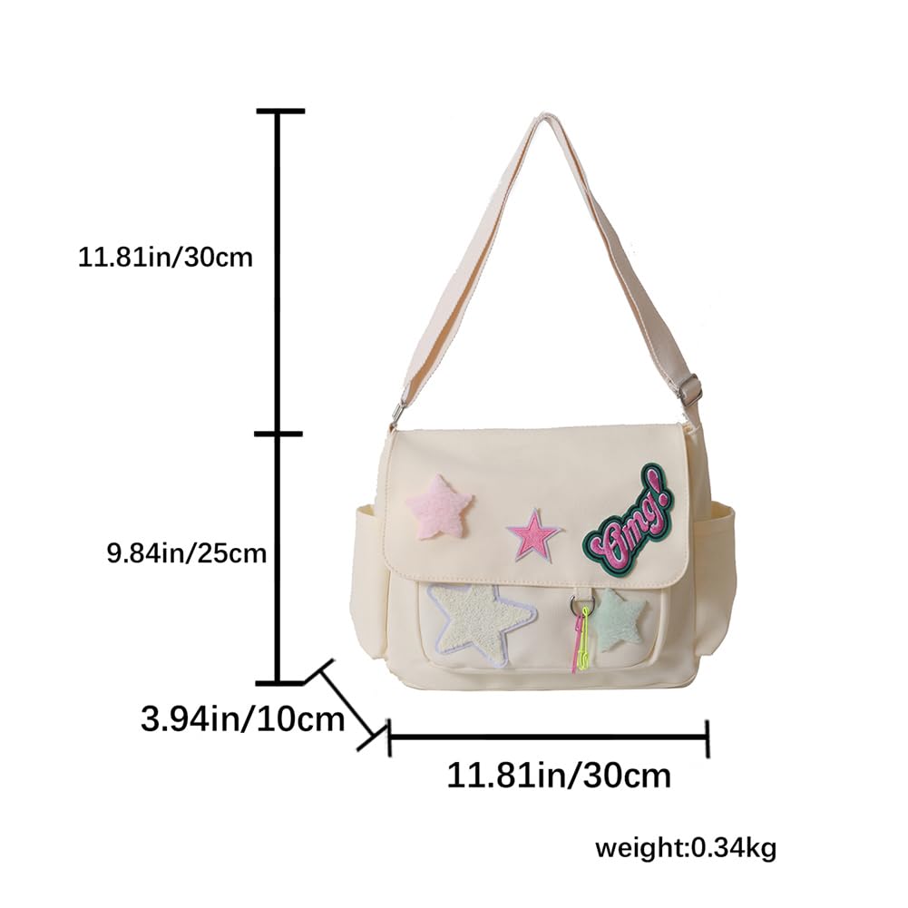 Kawaii Messenger Bag Cute Crossbody Bag Kawaii Aesthetic Shoulder Bag for Women Canvas Flap Messenger Bag with Plush Stickers Cute Japanese Bag