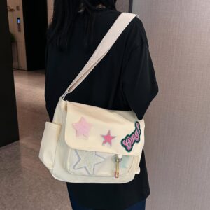 Kawaii Messenger Bag Cute Crossbody Bag Kawaii Aesthetic Shoulder Bag for Women Canvas Flap Messenger Bag with Plush Stickers Cute Japanese Bag