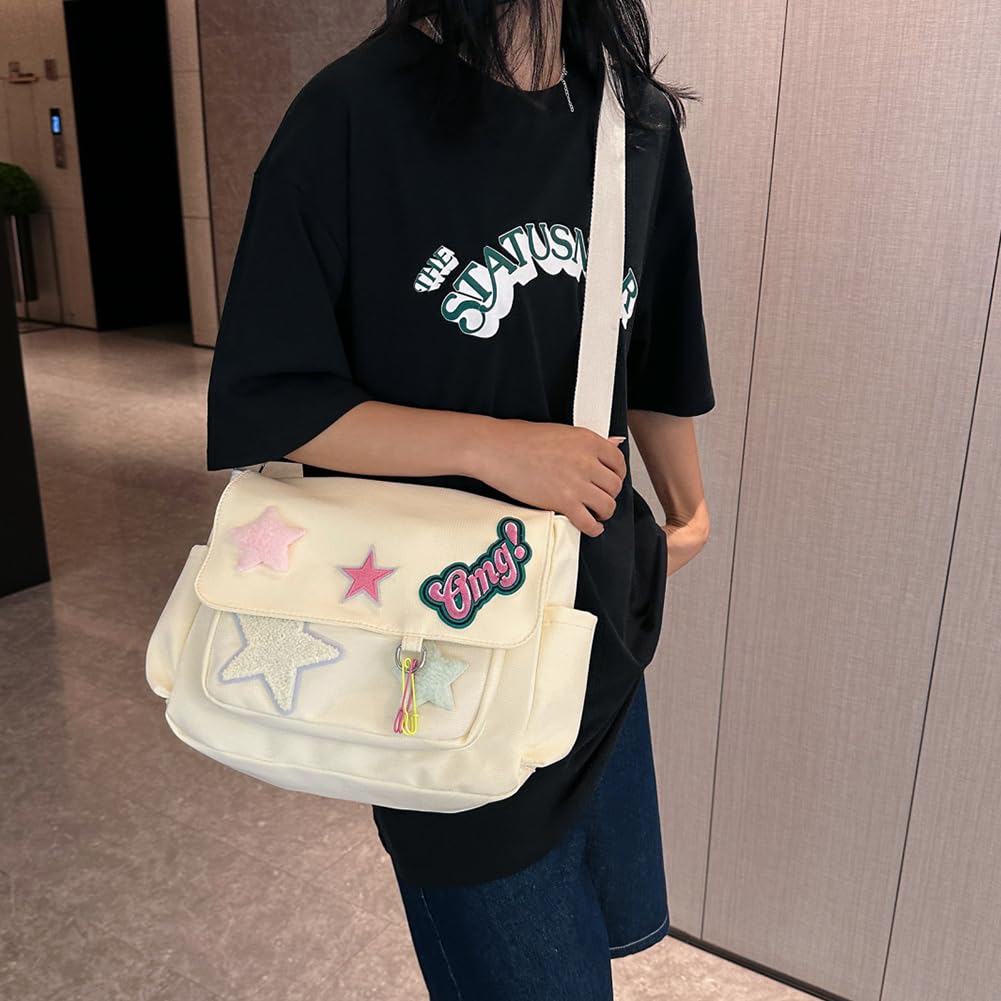 Kawaii Messenger Bag Cute Crossbody Bag Kawaii Aesthetic Shoulder Bag for Women Canvas Flap Messenger Bag with Plush Stickers Cute Japanese Bag