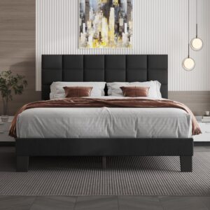 lifezone queen bed frame with headboard linen upholstered bed frame with wood slats support,no boxing needed,heavy duty feet,button tufted design,easy assembly,dark grey