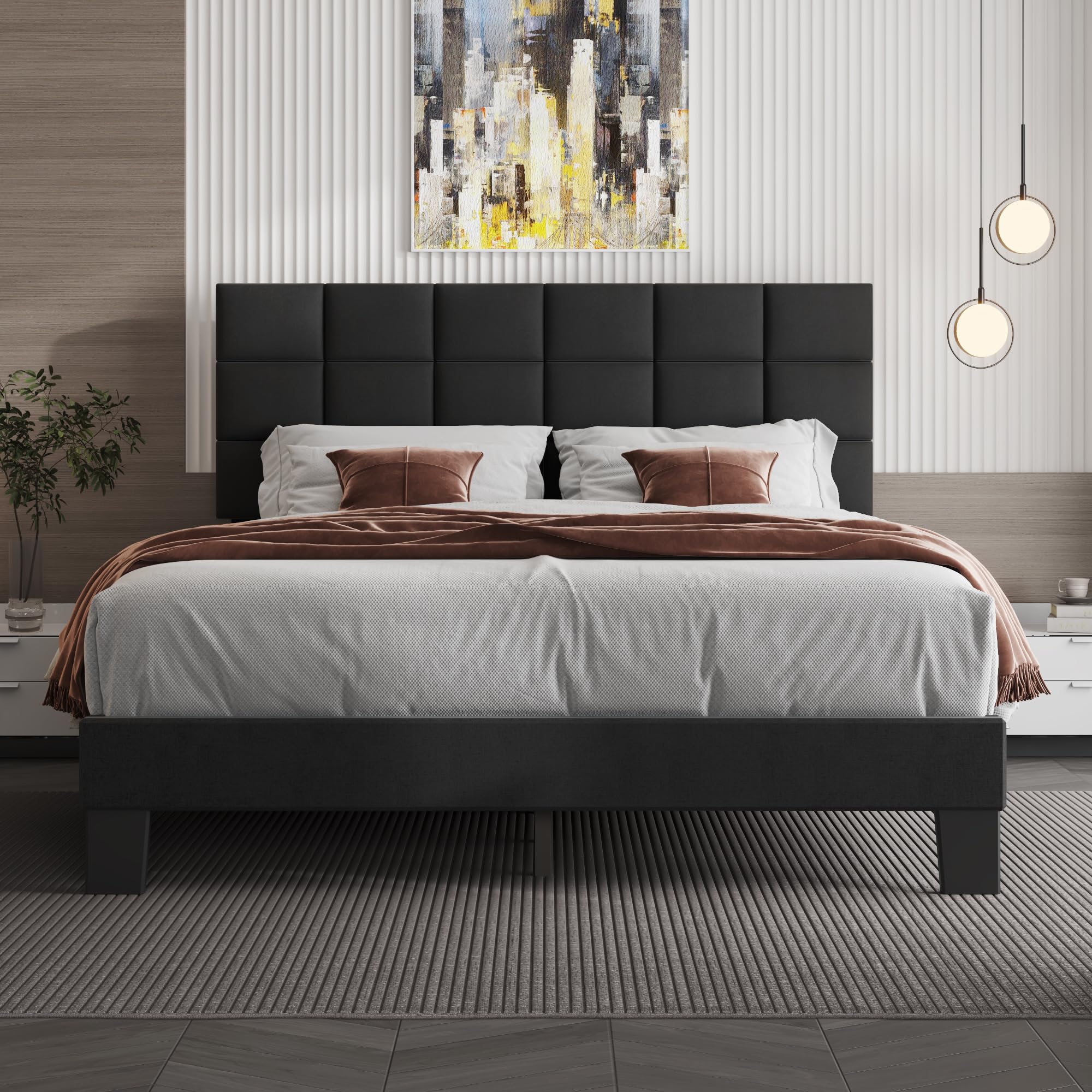 Lifezone Queen Bed Frame with Headboard Linen Upholstered Bed Frame with Wood Slats Support,No Boxing Needed,Heavy Duty Feet,Button Tufted Design,Easy Assembly,Dark Grey