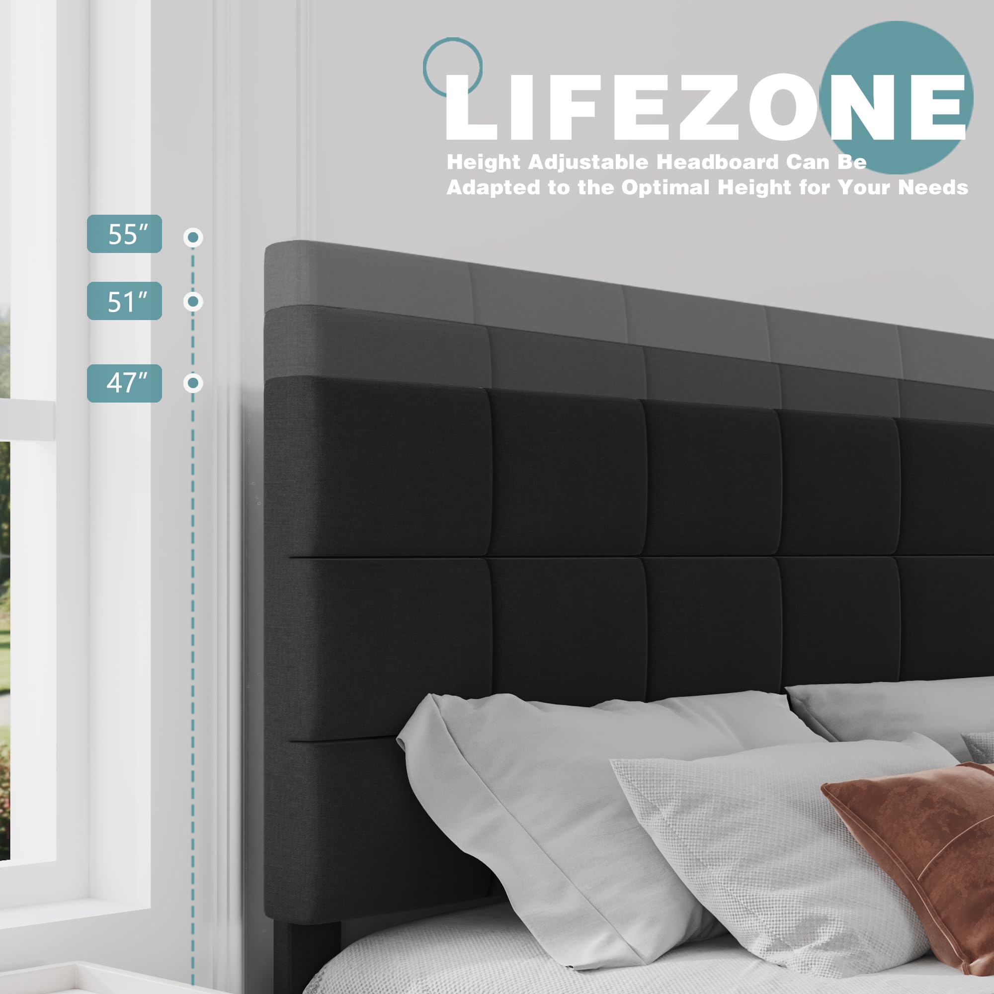 Lifezone Queen Bed Frame with Headboard Linen Upholstered Bed Frame with Wood Slats Support,No Boxing Needed,Heavy Duty Feet,Button Tufted Design,Easy Assembly,Dark Grey