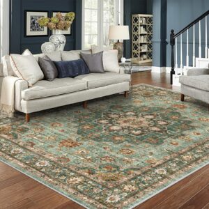 topruug washable oriental area rug - 8x10 rugs for living room soft carpet for bedroom waterproof floral distressed indoor stain resistant non-shedding floor carpets (green, 8x10)