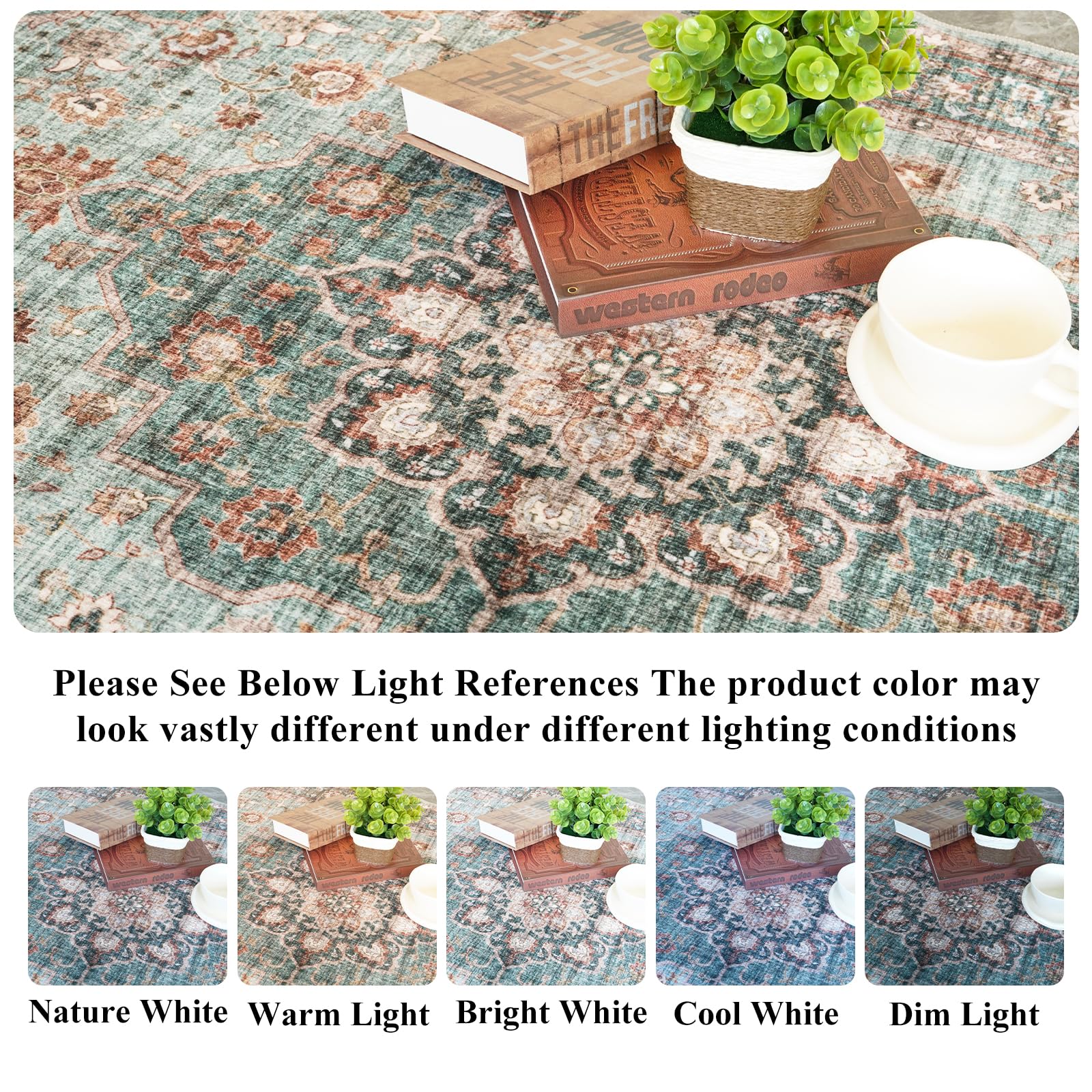 TOPRUUG Washable Oriental Area Rug - 8x10 Rugs for Living Room Soft Carpet for Bedroom Waterproof Floral Distressed Indoor Stain Resistant Non-Shedding Floor Carpets (Green, 8x10)