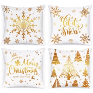 lanpn white and gold bronzing christmas throw pillow covers 20x20 set of 4, 20 inch decorative xmas cushion covers pillow cases 20 x 20 for home bedroom room holiday couch decor decorations