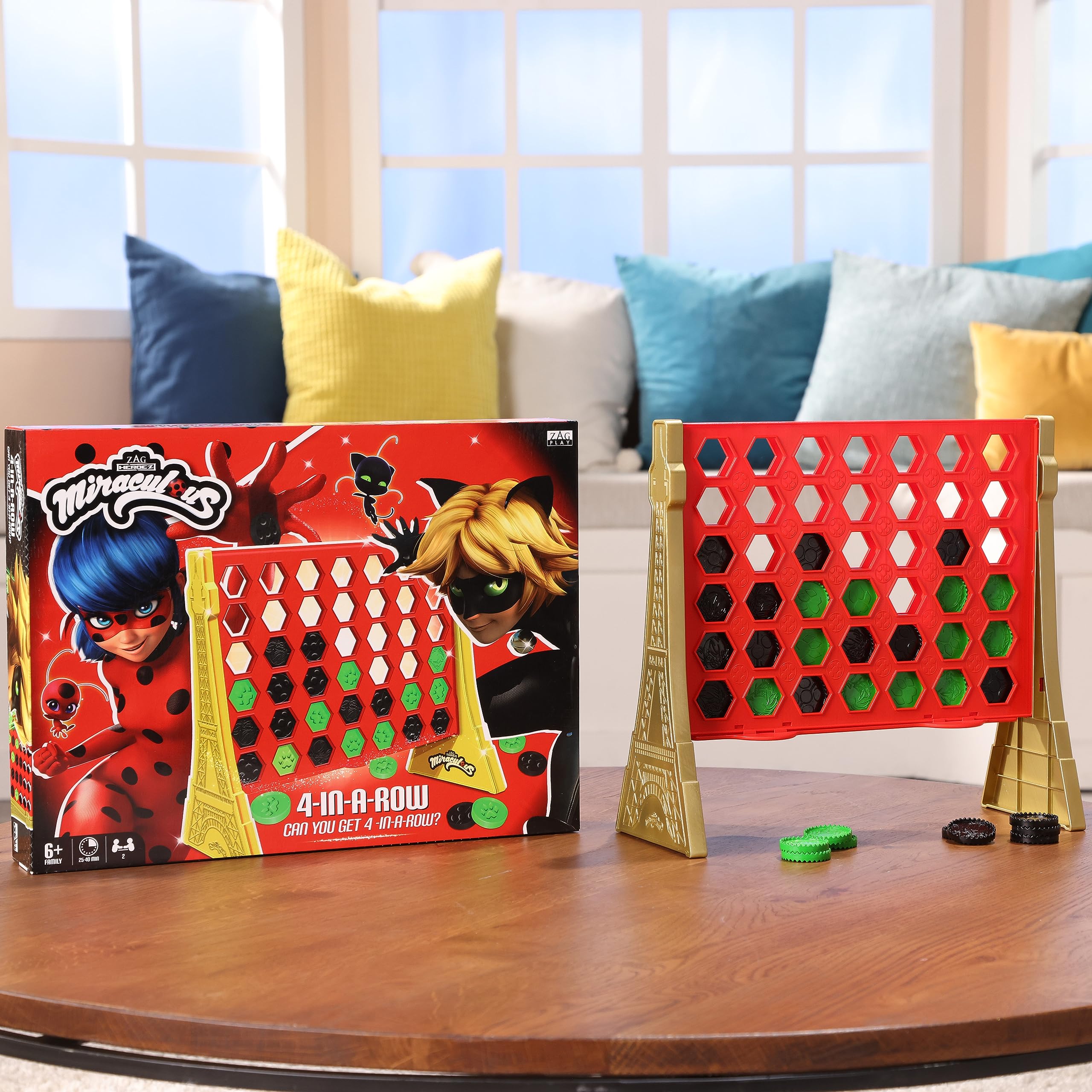 Miraculous Ladybug - GET 4, Paris Grid with Connect Ladybug and Cat Noir Tokens, 4 in a Row Game, Strategy Board Games for Kids, 2 players, Toys for Kids for Ages 6 and Up (Wyncor)