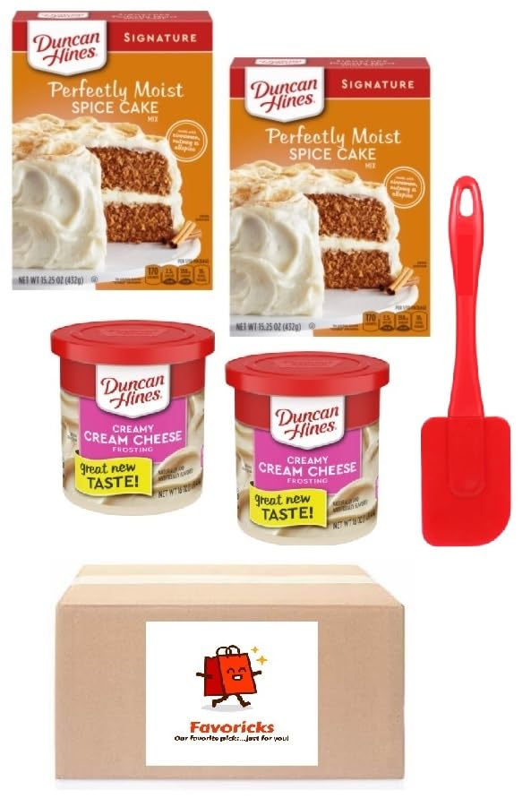 Duncan Hines Spice Cake Mix (2 Boxes) and Cream Cheese Frosting (2 Tubs) Set Includes Spatula Packaged by Favoricks