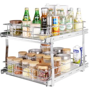 vevor 2 tier 16"w x 21"d pull out cabinet organizer, heavy duty slide out pantry shelves, chrome-plated steel roll out drawers, sliding drawer storage for inside kitchen cabinet, bathroom, under sink