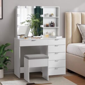 Karl home Vanity Desk with Sliding Mirror, 6-Drawer Makeup Vanity, Bedroom Makeup Desk, Vanity Table with Adjustable Brightness & 3 Colour Light Modes,White