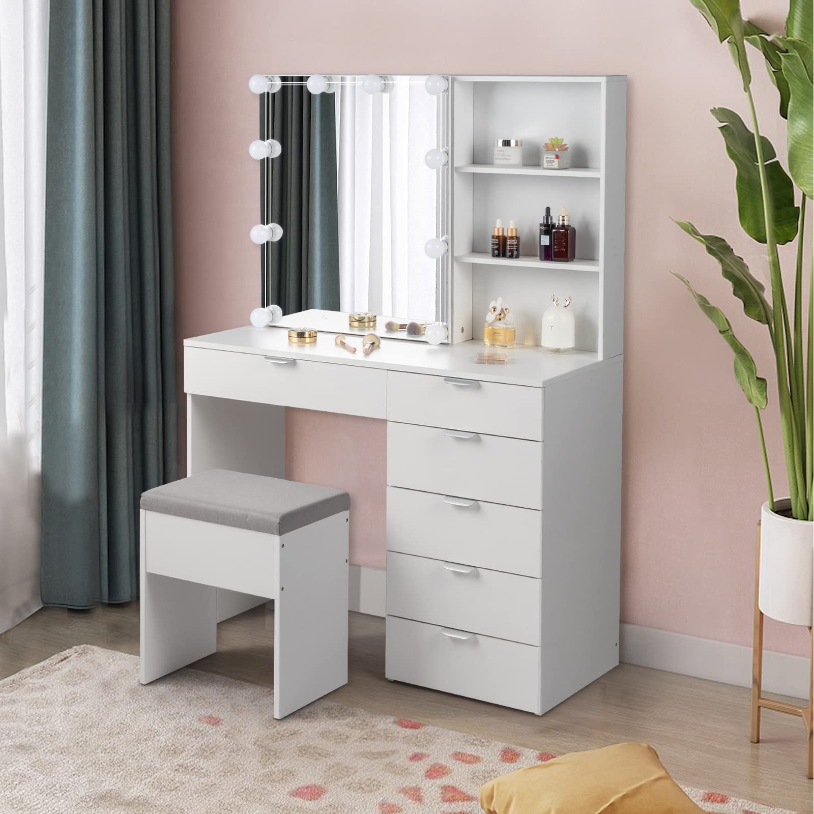 Karl home Vanity Desk with Sliding Mirror, 6-Drawer Makeup Vanity, Bedroom Makeup Desk, Vanity Table with Adjustable Brightness & 3 Colour Light Modes,White