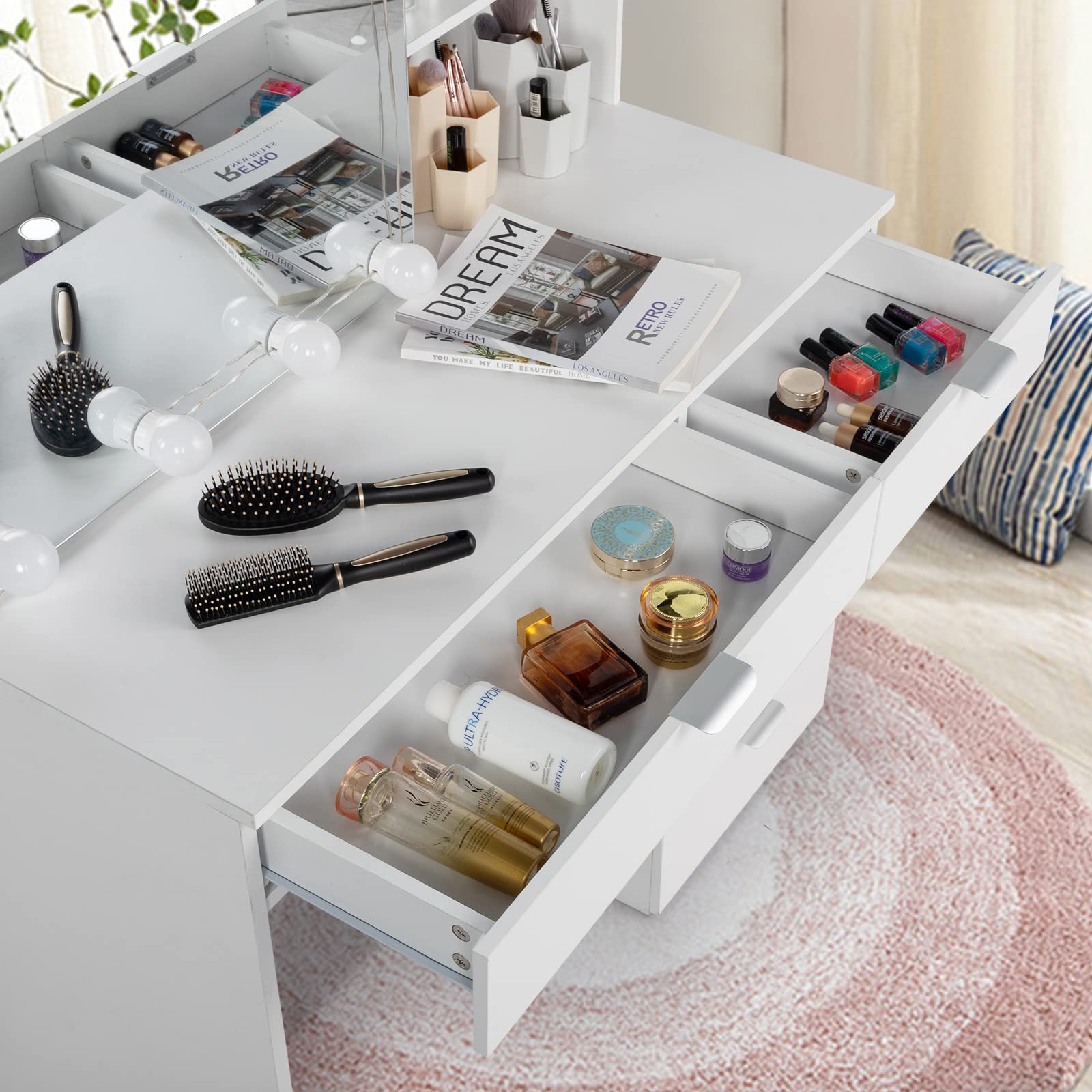 Karl home Vanity Desk with Sliding Mirror, 6-Drawer Makeup Vanity, Bedroom Makeup Desk, Vanity Table with Adjustable Brightness & 3 Colour Light Modes,White