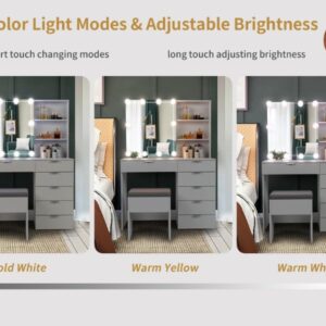 Karl home Vanity Desk with Sliding Mirror, 6-Drawer Makeup Vanity, Bedroom Makeup Desk, Vanity Table with Adjustable Brightness & 3 Colour Light Modes,White