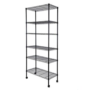 simple deluxe heavy duty 6-shelf shelving with wheels, wire shelving with hanging hooks, adjustable storage units, 29.92'' d x 13.98'' w x 71.65' h, 6 tier, black