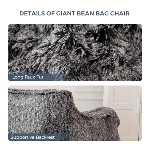 MAXYOYO Giant Bean Bag Chair, Faux Fur Stuffed Bean Bag Couch with Filler Large Living Room Bean Bag Chair for Adults, Big Lazy Sofa Accent Chair with Pocket Floor Chair for Gaming, Reading, Black