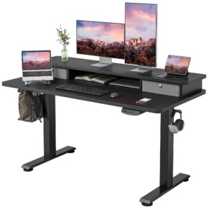 cubicubi electric standing desk with double drawers, 48x24 inch height adjustable sit stand desk with storage shelf, home office computer workstation, black