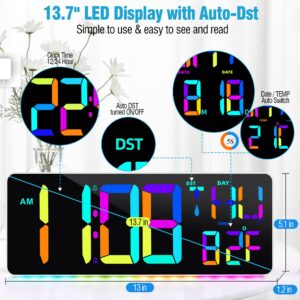 TXL Digital Wall Clock Large Display, 13.7" Large Digital Clock with Remote Control, Dual Alarm, Count Up/Down Timer, RGB Color Changing LED Wall Clock for Classroom, Bedroom, Living Room