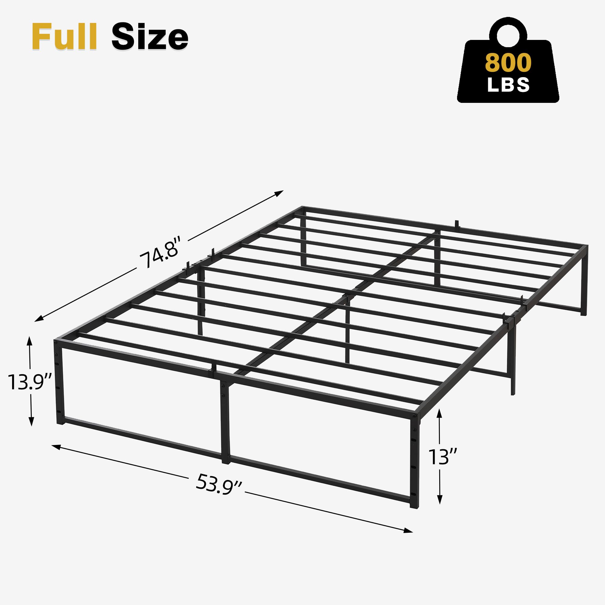 IDEALHOUSE Full Size Bed Frame, Ultra Sturdy Metal Full Bed Platform Frame with 3 in 1 Steel Support, 14 inch No Box Spring Needed Easy to Assemble Black Bedframe - Full