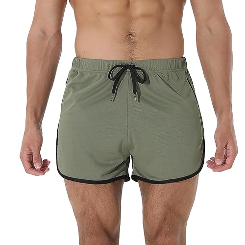 Hulpvktsgiq Men Gym Running Shorts with Zipper Pockets Breathable Lightweight Quick Dry Workout Athletic Sports Shorts (Army Green, XL)