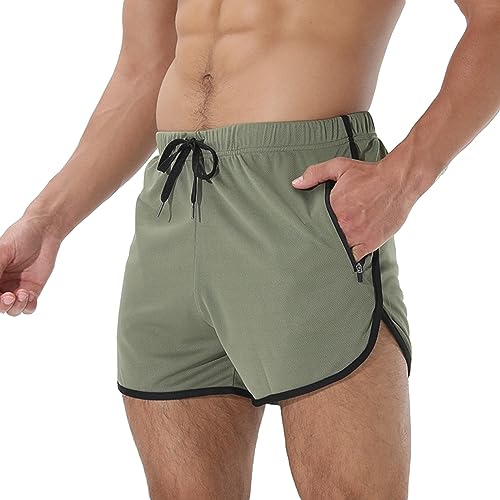 Hulpvktsgiq Men Gym Running Shorts with Zipper Pockets Breathable Lightweight Quick Dry Workout Athletic Sports Shorts (Army Green, XL)