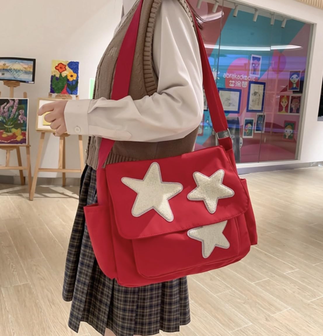 Cute Messenger Bag for Women Men Canvas Crossbody Shoulder Bag with Side Pockets Large Laptop Bag Canvas Tote (Red)