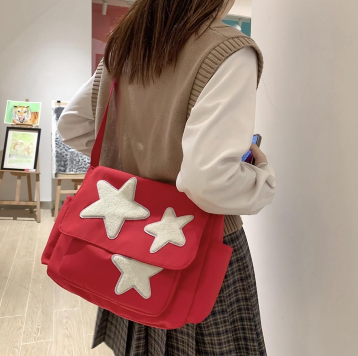 Cute Messenger Bag for Women Men Canvas Crossbody Shoulder Bag with Side Pockets Large Laptop Bag Canvas Tote (Red)