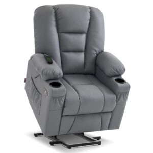 mcombo small power lift recliner chair with massage and heat for petite people, cup holders, usb ports, side pockets, faux leather 7569 (small, light grey)