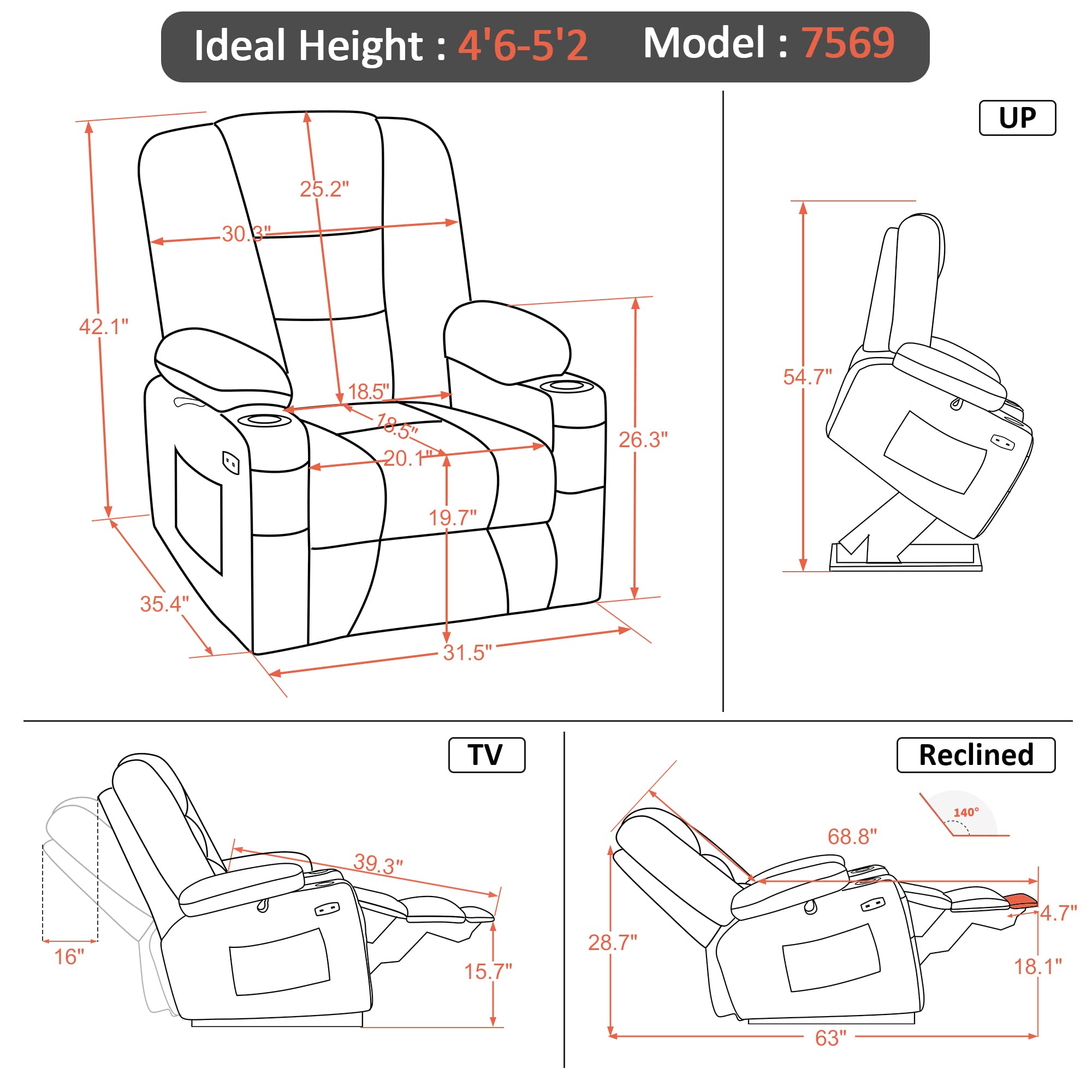 MCombo Small Power Lift Recliner Chair with Massage and Heat for Petite People, Cup Holders, USB Ports, Side Pockets, Faux Leather 7569 (Small, Light Grey)