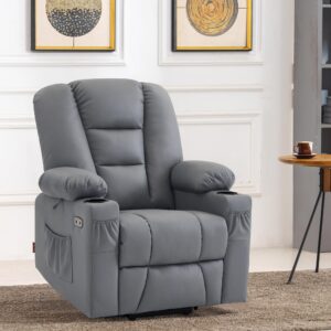 MCombo Small Power Lift Recliner Chair with Massage and Heat for Petite People, Cup Holders, USB Ports, Side Pockets, Faux Leather 7569 (Small, Light Grey)