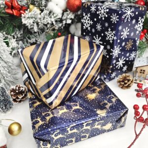 LDGOOAEL Mini Short Small Christmas Wrapping Paper Roll with Cut Lines on Reverse (17" X 120" Per Roll) - Navy Blue with Gold Foil Design for Holiday, Birthday