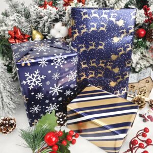 LDGOOAEL Mini Short Small Christmas Wrapping Paper Roll with Cut Lines on Reverse (17" X 120" Per Roll) - Navy Blue with Gold Foil Design for Holiday, Birthday