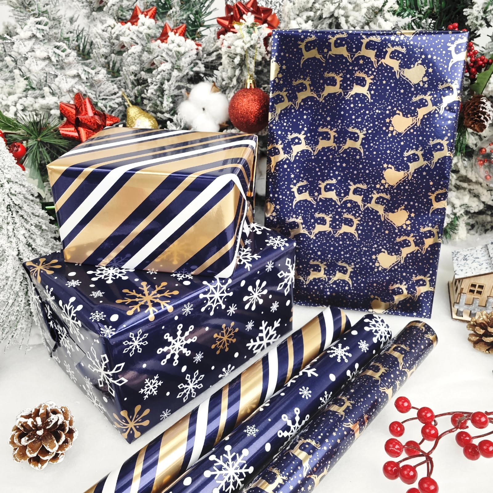 LDGOOAEL Mini Short Small Christmas Wrapping Paper Roll with Cut Lines on Reverse (17" X 120" Per Roll) - Navy Blue with Gold Foil Design for Holiday, Birthday