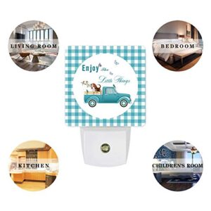 Night Lights Auto Sensor Truck With Dog Plug-in LED Nightlights Dusk to Dawn for Living Room, Bedroom, Bathroom, Kitchen, Hallway, Stairways, Butterfly Flower Teal Green Buffalo Check Plaid